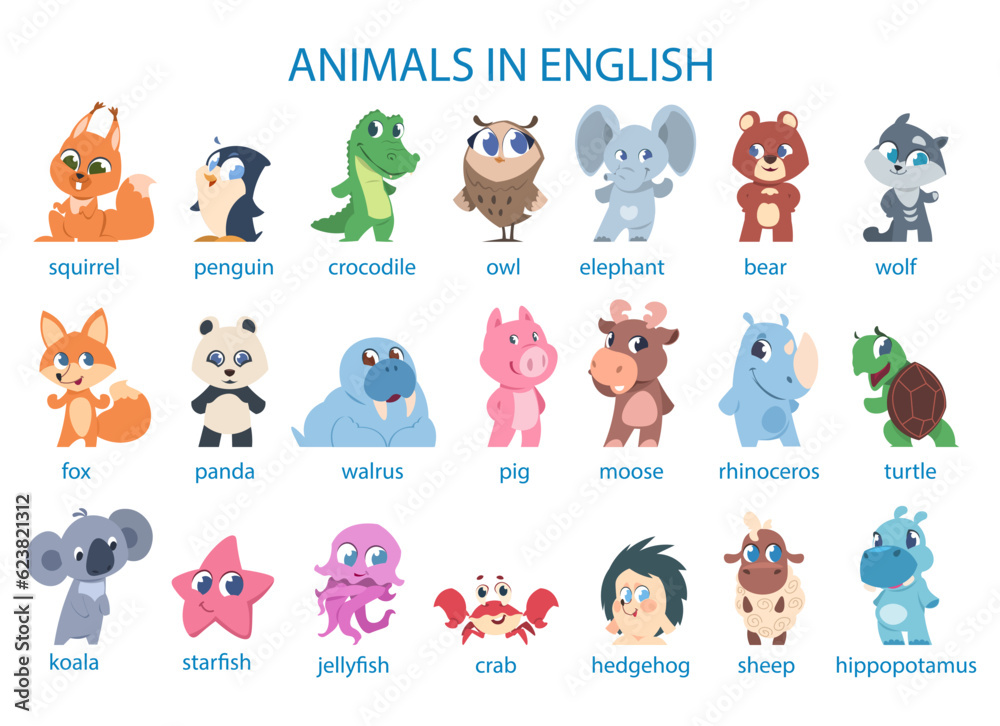 Cartoon cute animals. Wild and domestic colorful characters with ...