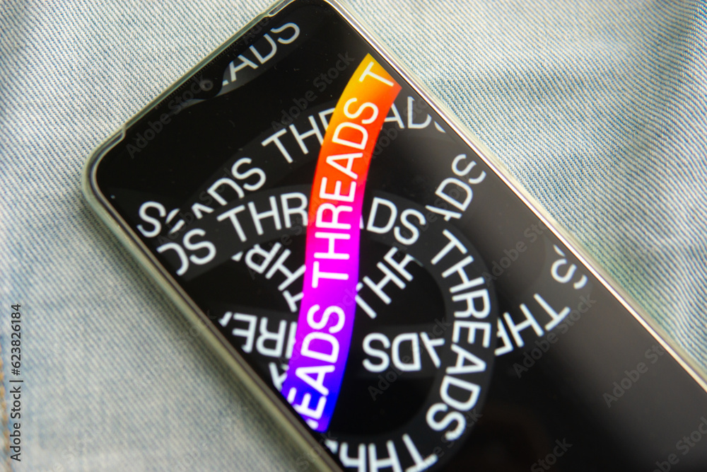 Tver, Russia - July 15, 2023, the threads logo on the smartphone screen ...