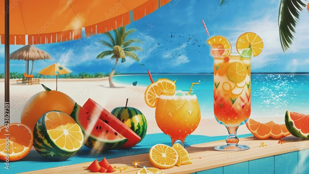 Vidéo Stock summer vacation beach background with fresh watermelon and ...