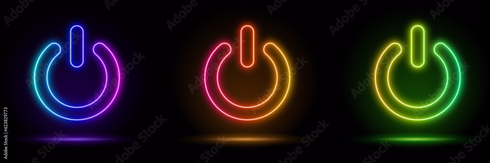 3d render, blue neon switch icon shape, empty space, ultraviolet light ...