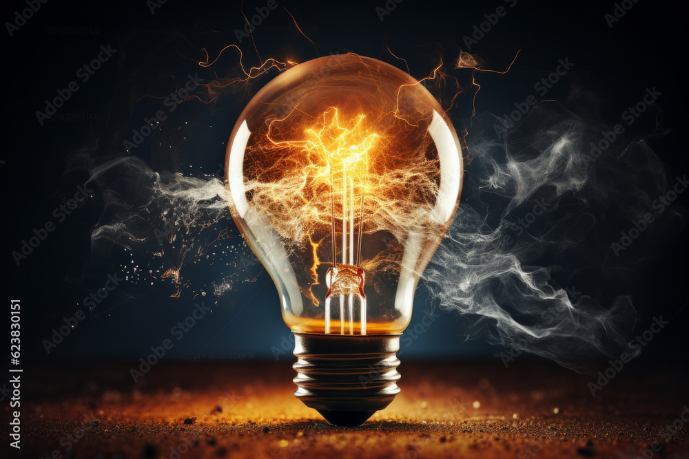 Poster Burning incandescent light bulb on grunge background with smoke ...
