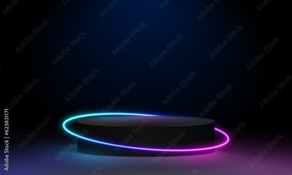 Abstract cosmic vibrant color podium backdrop. Glowing neon lighting on ...