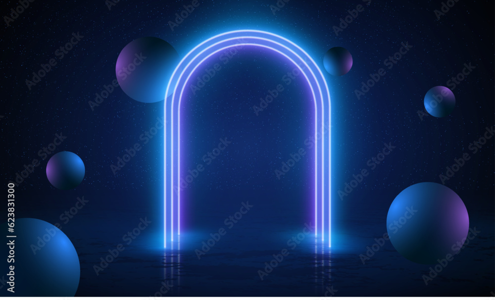 Led neon arch above wet reflective floor podium, fashion podium, empty ...