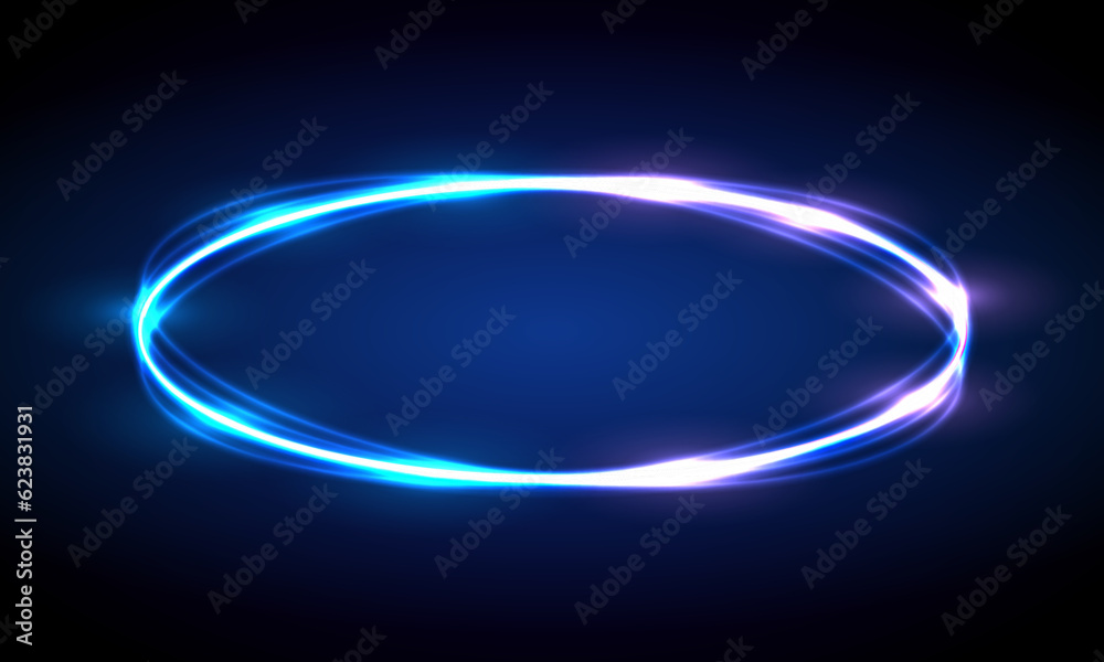Glow neon circle. Blue glowing ring on floor. Abstract hi-tech ...