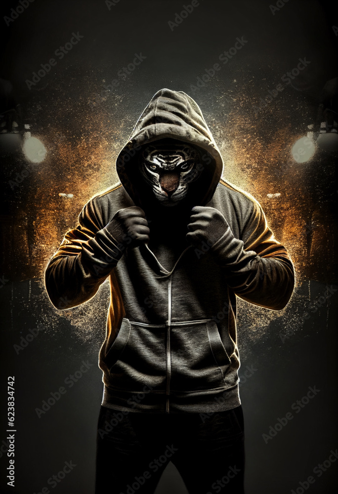 Tiger boxer in a hoodie in the ring among the rays of light in boxing ...