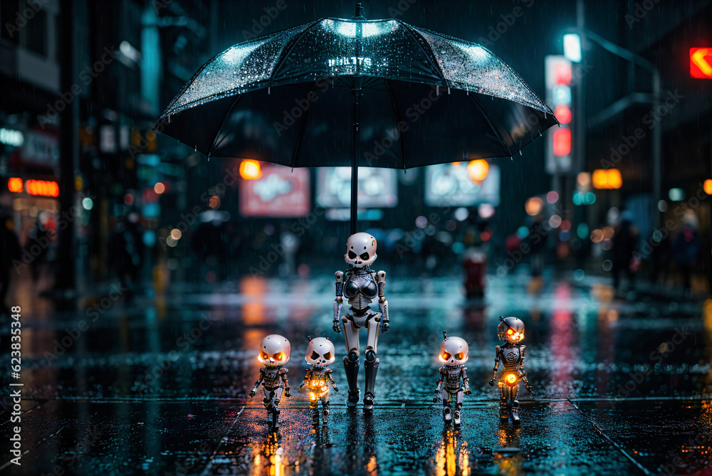 scary small white robot mom with a rain umbrella with small kid robots ...