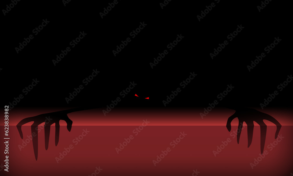 Horror scene, monster looks from around the corner, black hands reach ...
