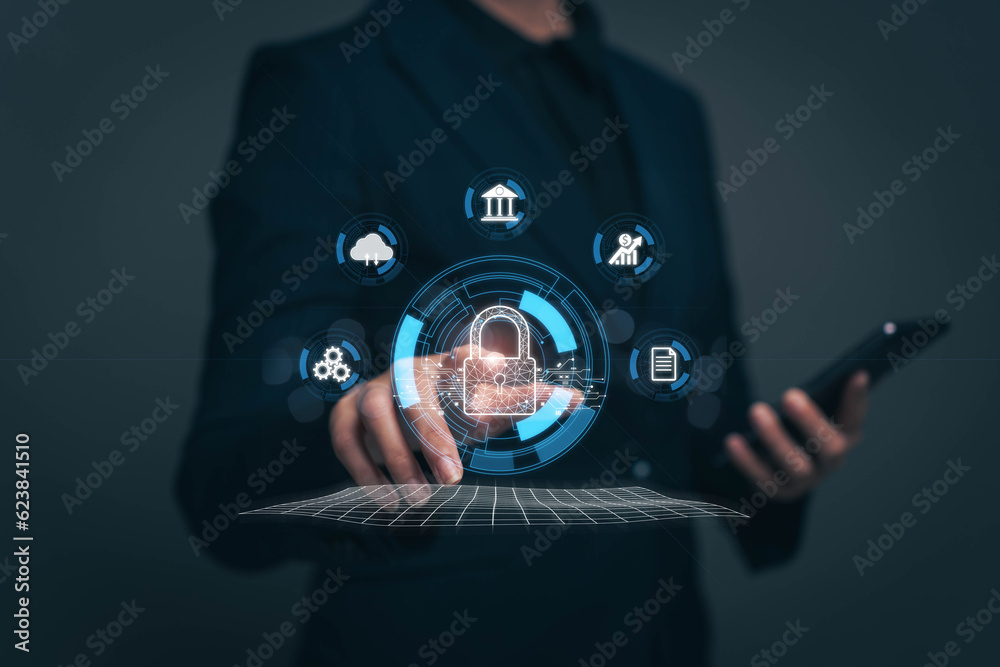 Businessman Finger Touching Padlock Icon Cybersecurity Protection Concept Innovative Digital