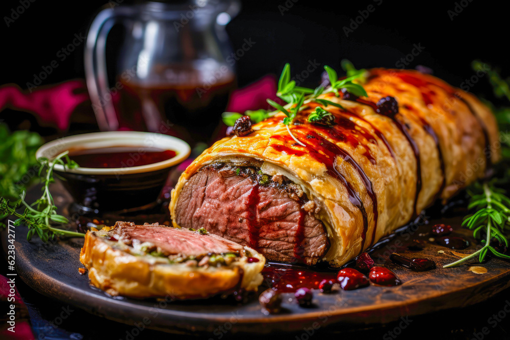 Beef Wellington close-up, a tender filet of beef coated with pâté and ...
