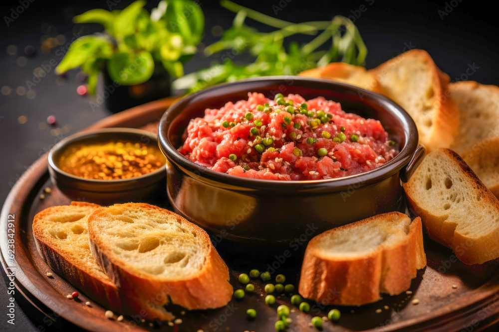 Tuna Tartare, finely diced raw tuna seasoned with soy sauce sesame oil ...