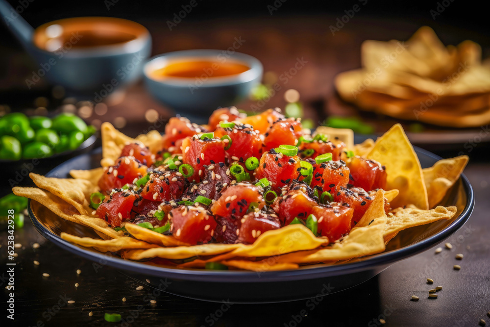 Ahi Tuna Poke, cubes of fresh, marinated ahi tuna tossed with soy sauce ...