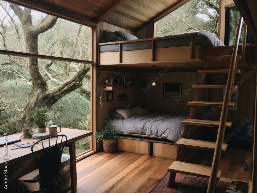 Foto de Wooden cabin interior design in the forest, living room in a ...