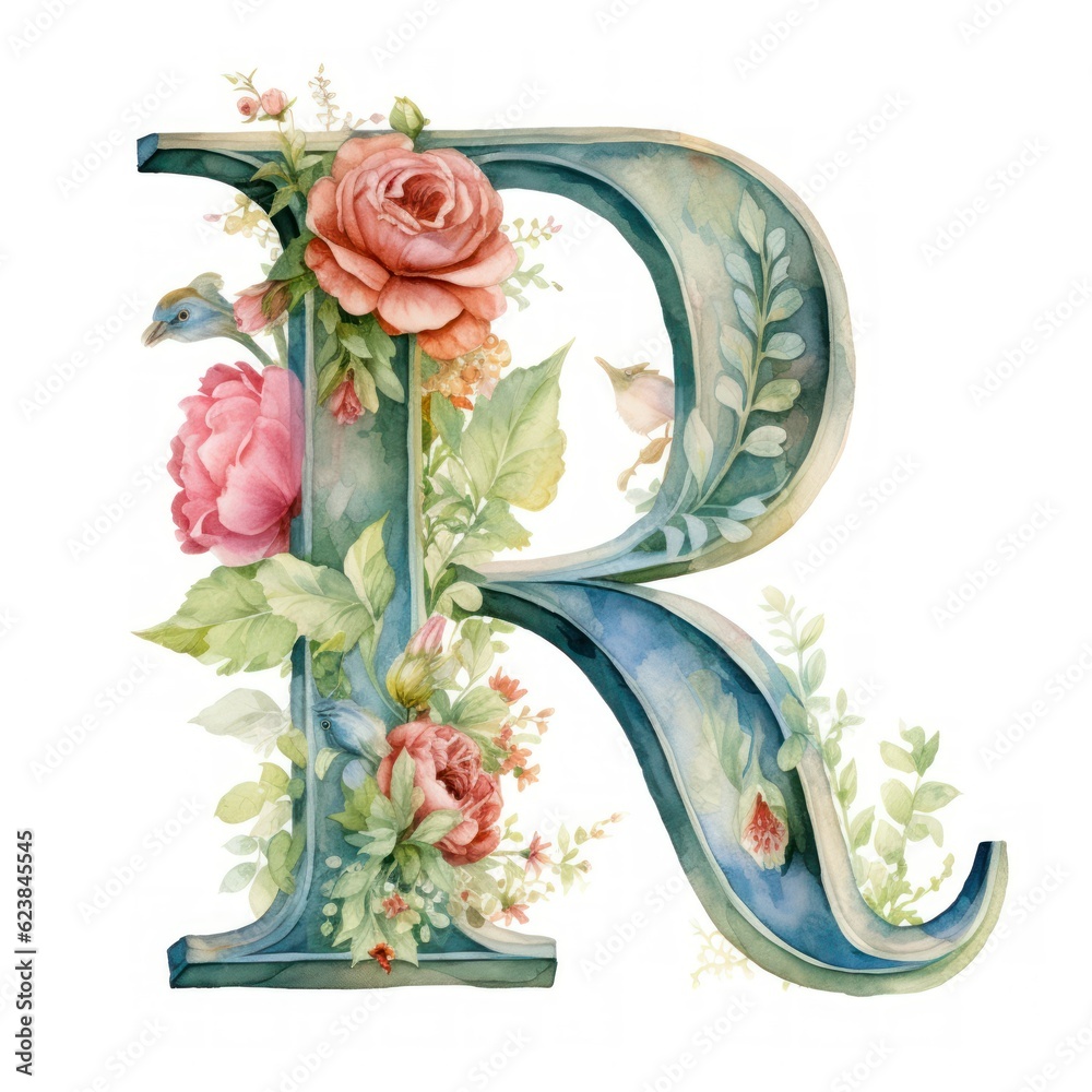 Colorful Floral Watercolor Alphabet Letters. Letter R. Isolated on ...