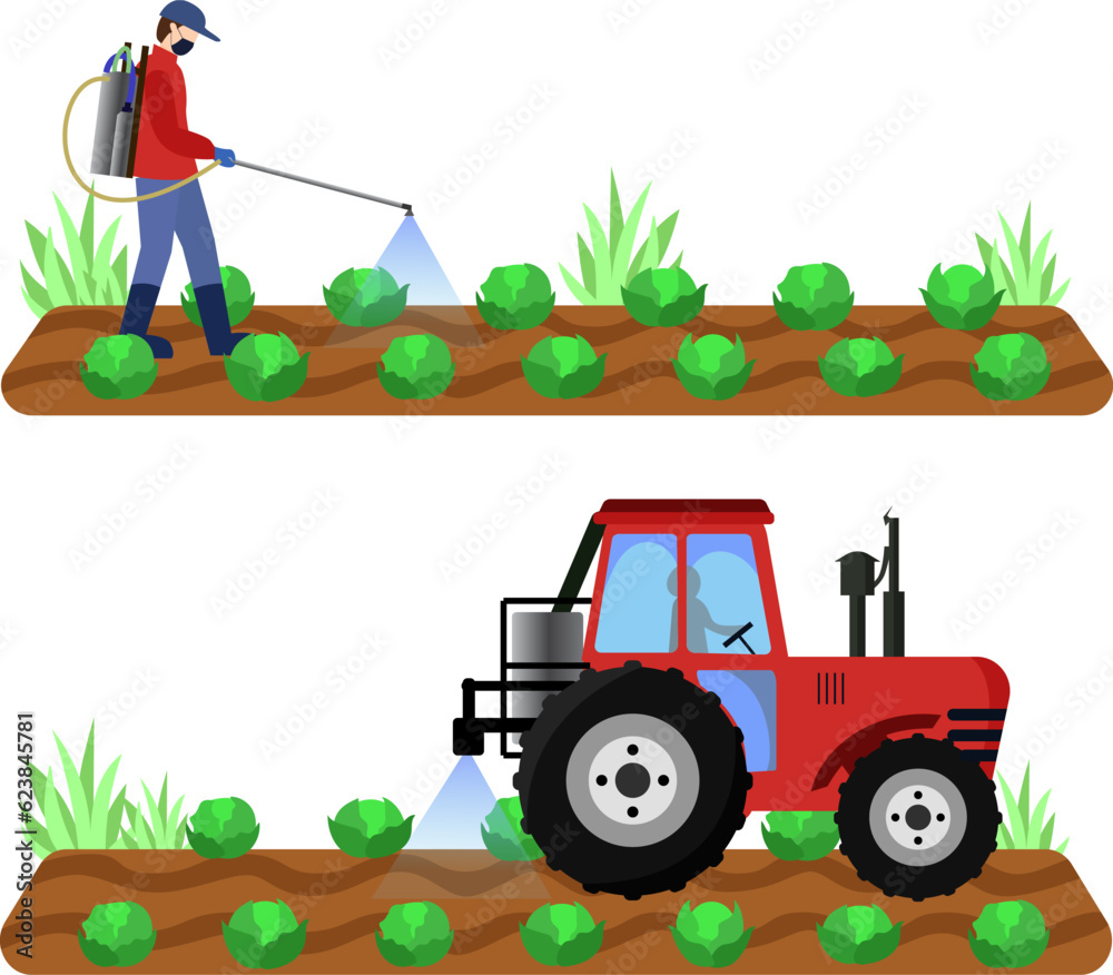 Farmer spraying chemical to green plants vector illustration, farmer ...