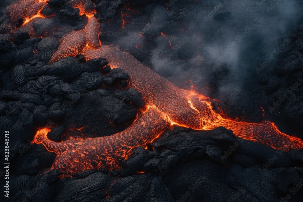 Top view of magma erupting from volcano, hot magma is flowing, magma caused by volcanic eruption ...