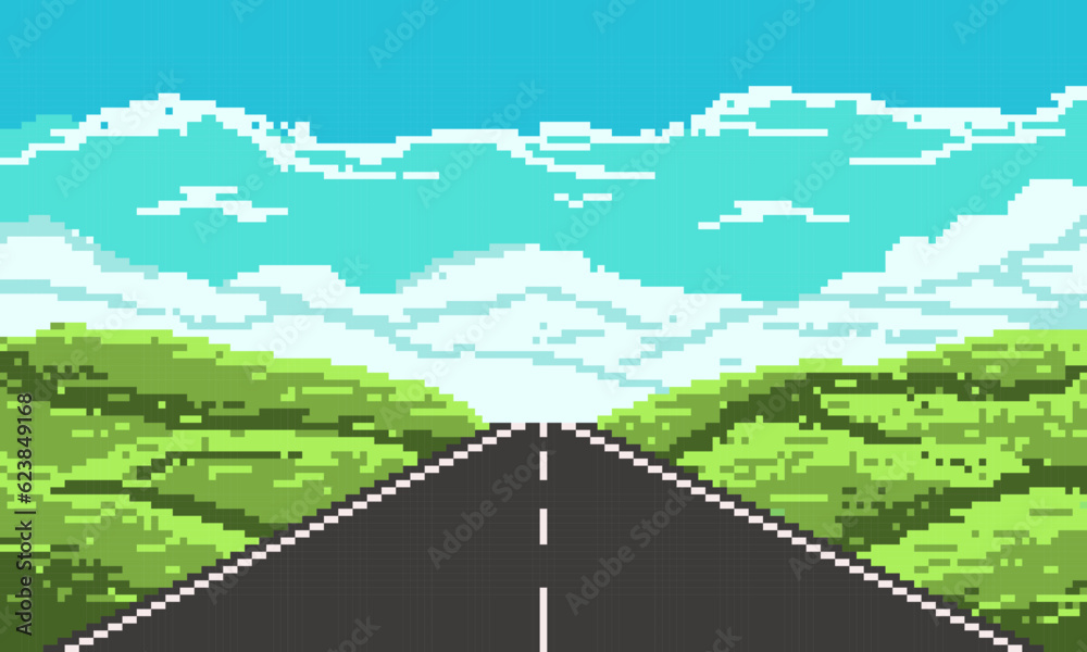 Pixel straight highway with forest and meadows background. Blank ...