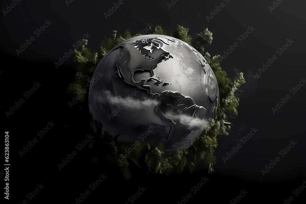 Grayscale planet Earth, encircled by lush green foliage, serves as a ...