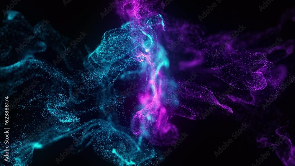 Fluid movement animated background. Blue and purple particles in the ...