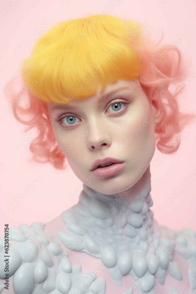 A surreal portrait of a doll-like person with a hairpiece of pastel ...