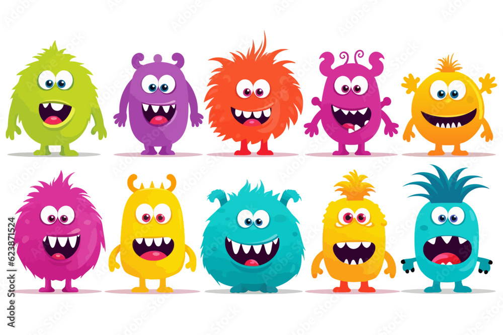 funny cute colorful monsters standing side by side, vector set ...