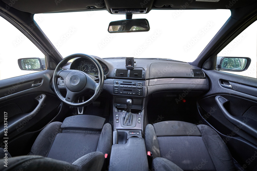 Inside a modern car photo interior with transparent windows view, city ...