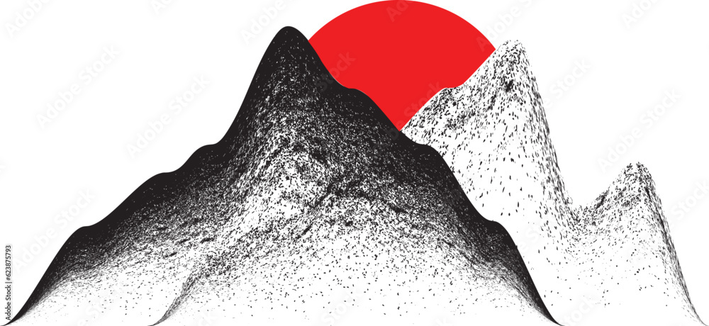 Mountain silhouettes with sun. Rocky peaks in sunset. Splatter Paint ...