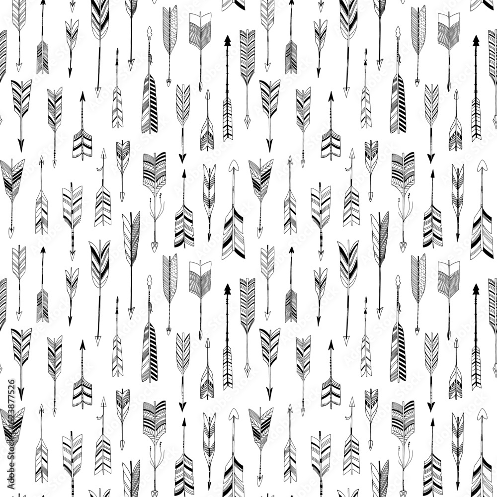 Hand drawn arrows seamless patter. Black and white vector artistic ...