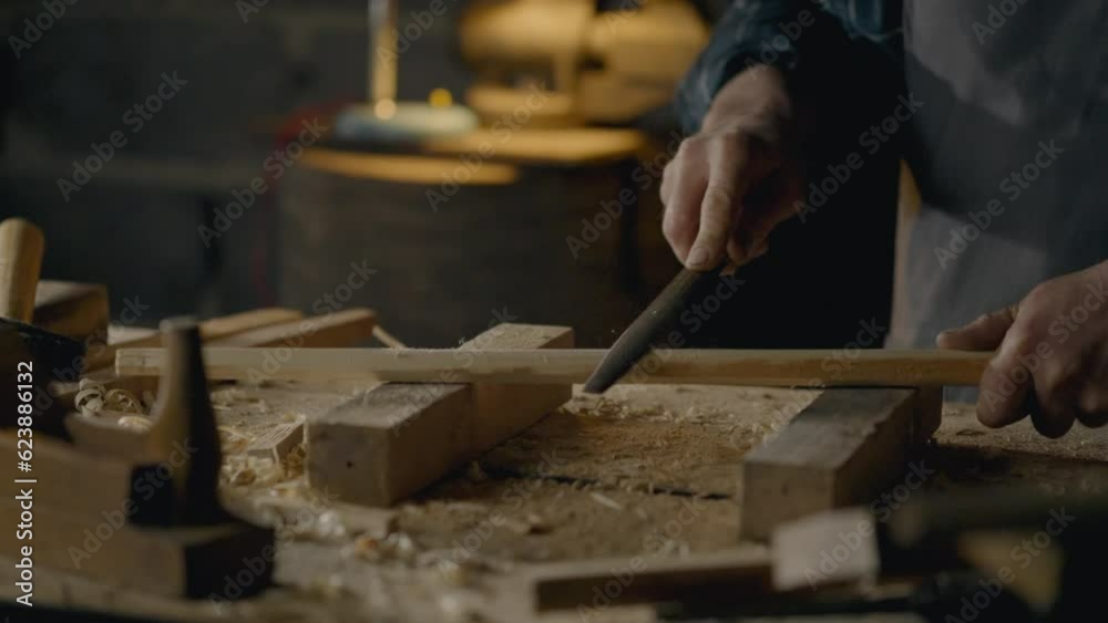 Carpenter, Mature man Professionally Uses hand tool rasp In furniture ...