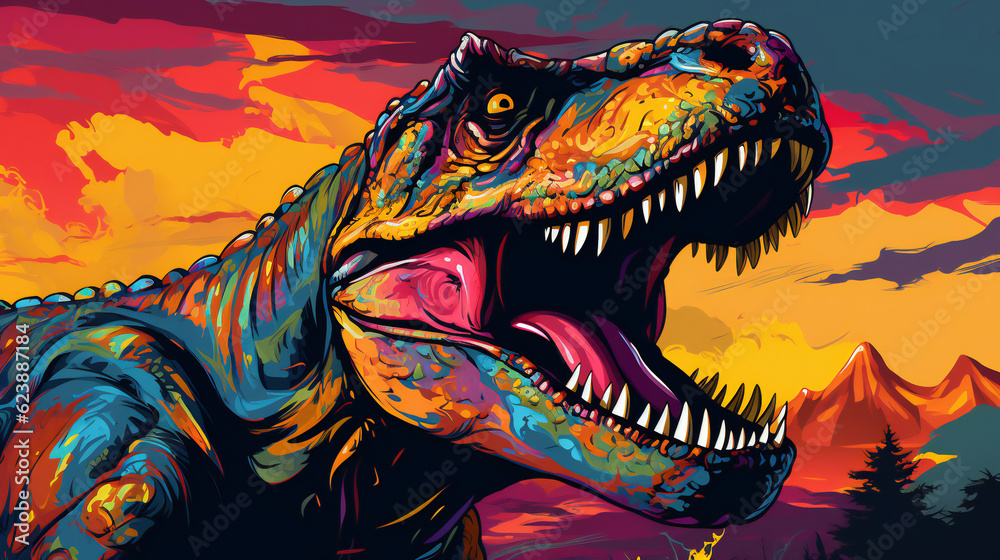 colorful tyrannosaurus rex with an open jaw full of sharp teeth, pop ...