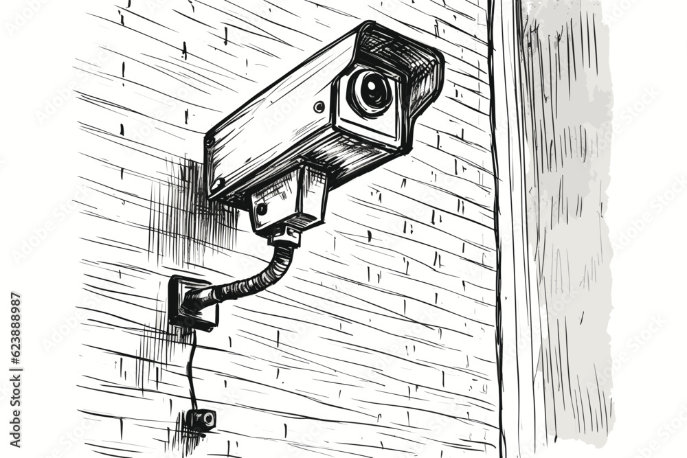 Doodle inspired Security camera, cartoon sticker, sketch, vector ...