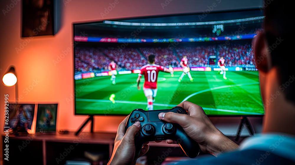 Сloseup of hands holding game controller in front of big screen tv ...