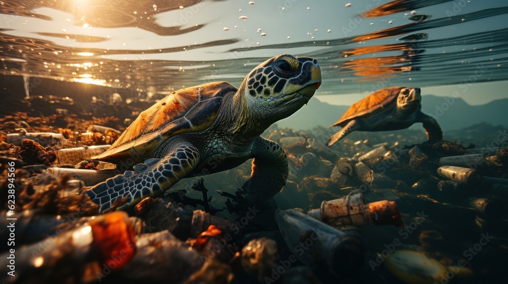 turtle swimming in the sea. ocean, sea pollution with plastic waste ...