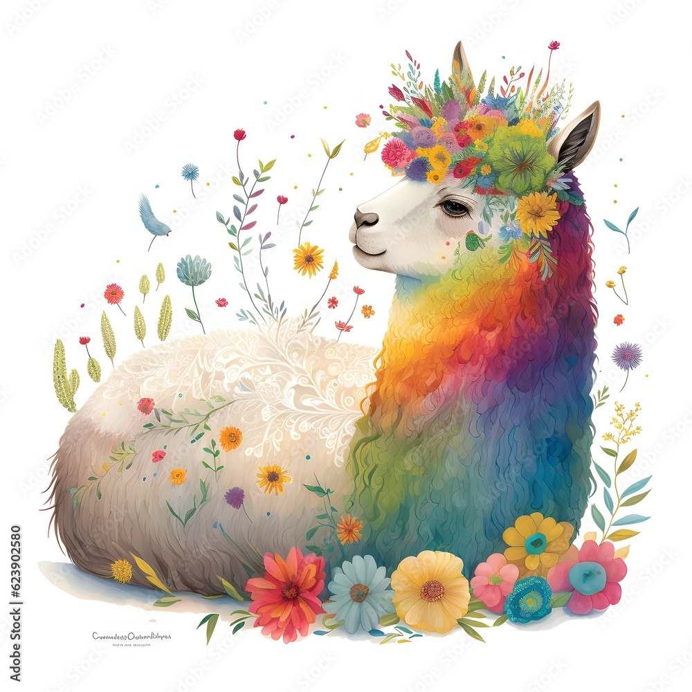 super cute llama rainbow at background leaves flowers closed eyes ...