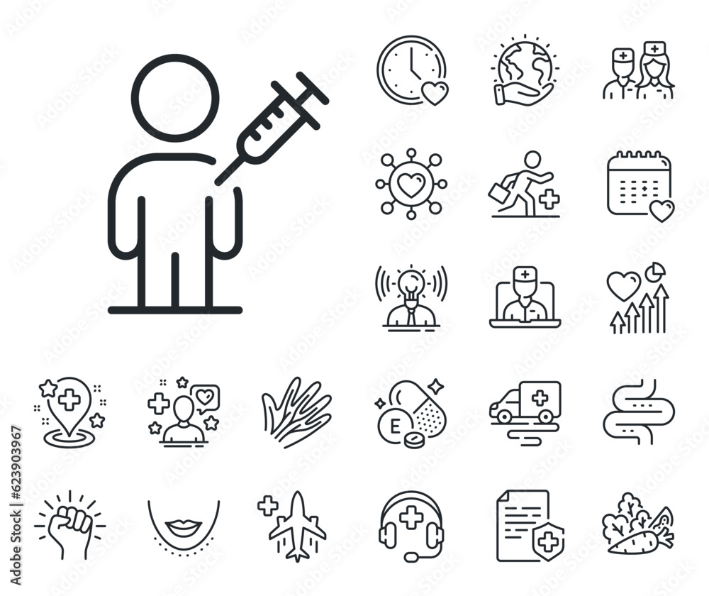 Vaccine syringe sign. Online doctor, patient and medicine outline icons ...