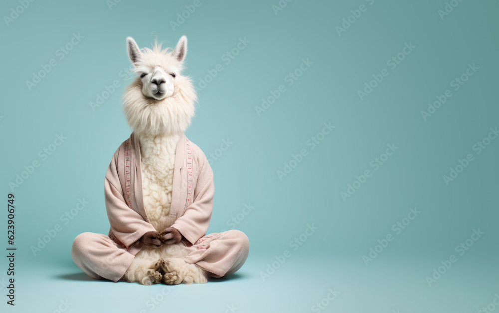 Calm looking alpaca or llama wearing simple clothes, sitting on ground ...