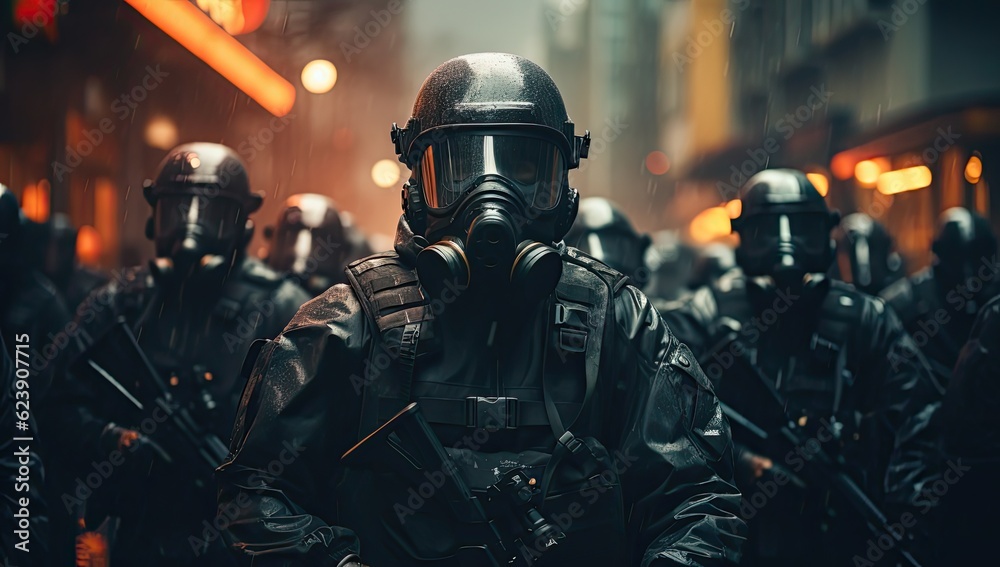Masked lined up armored Riot Police on the streets. Stock Photo | Adobe ...