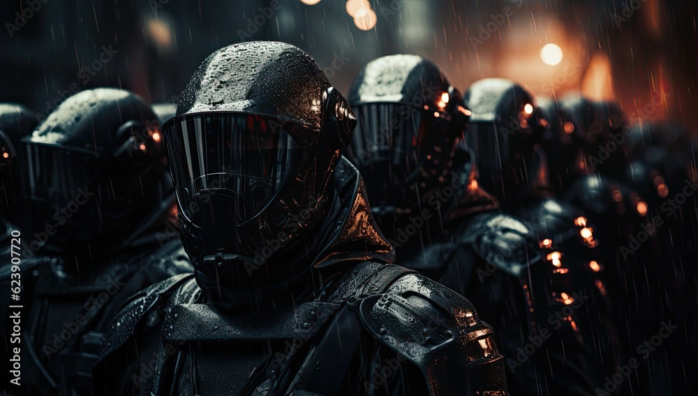 Masked lined up armored Riot Police on the streets. Stock Photo | Adobe ...