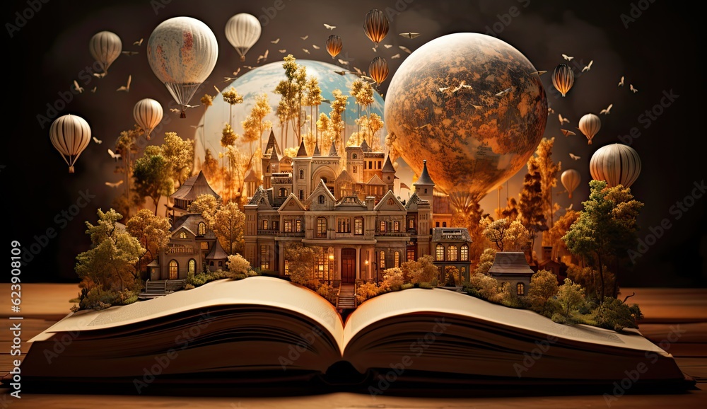 Fantasy world inside of the book. Concept of education imagination and ...