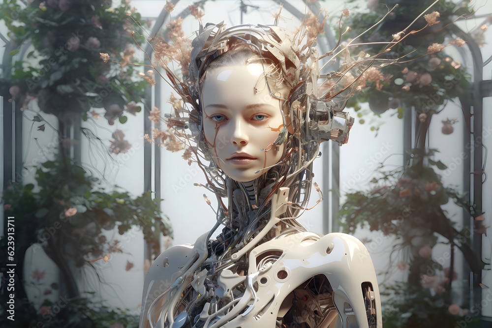 Enhanced female woman cyborg with artificial body and head gear in ...