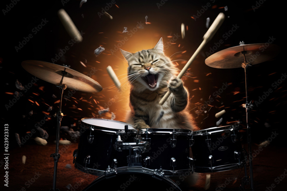 Cute cartoon cat playing drums and singing, rock band. group in ...