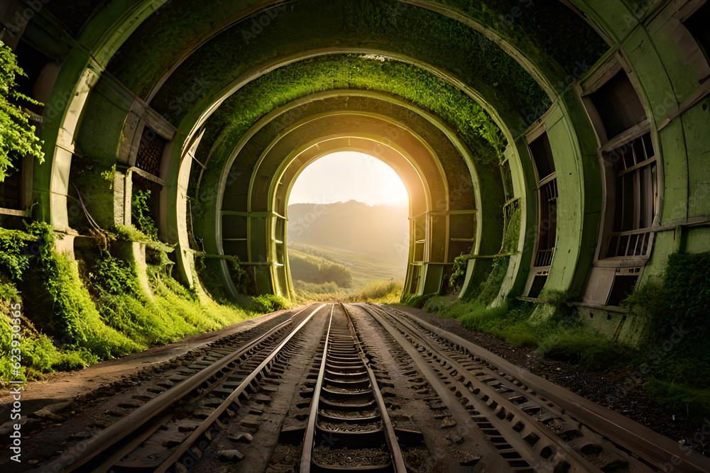 Old train track tunnel in the woods. Lonely explorer in the mossy ...