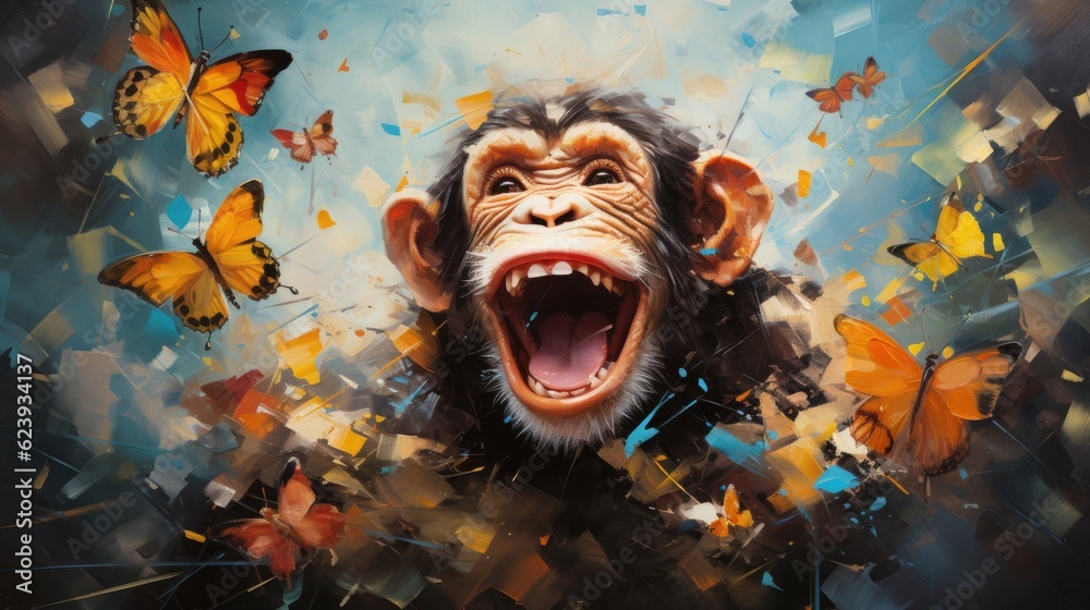 Colorful and abstract depiction of a happy ape in a forest, surrounded ...