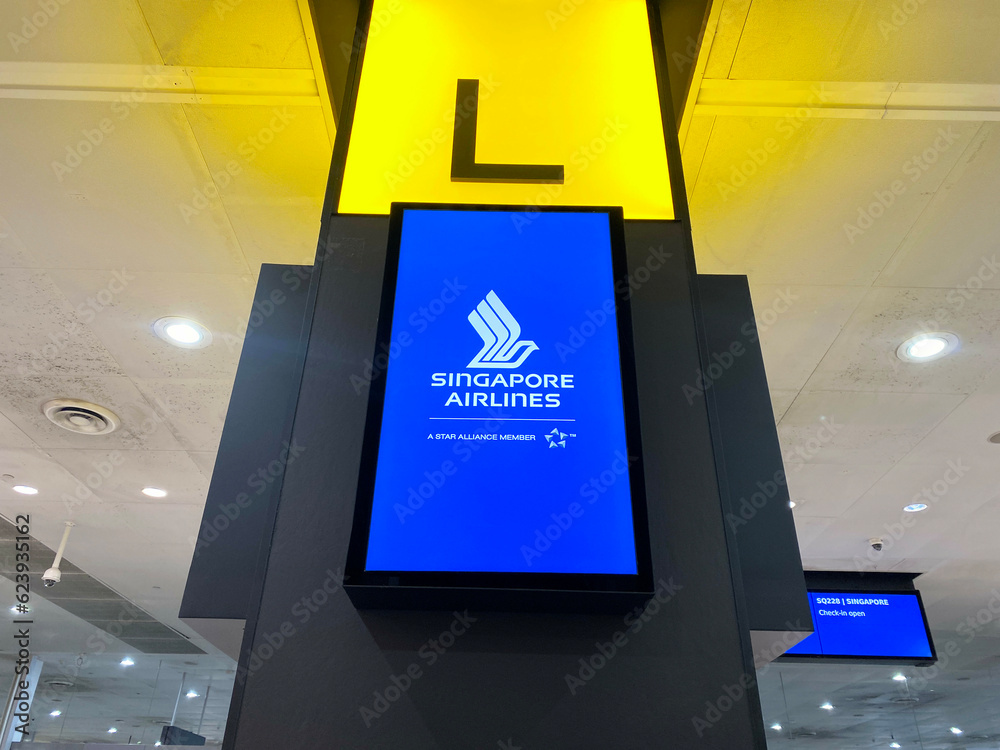 SINGAPORE AIRLINES Check-in Counter signboard at Melbourne Airport ...