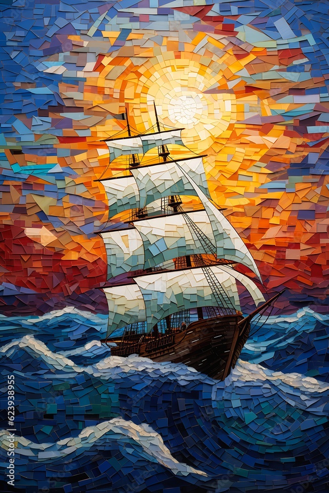 ship sailing ocean sunset torn paper texture relief sculpture deep ...