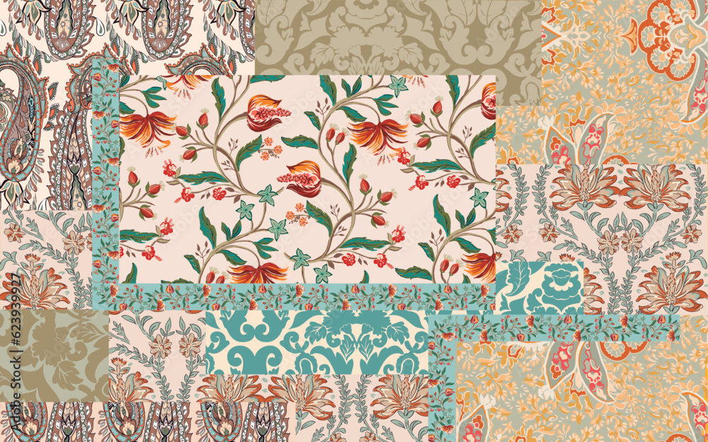 patchwork floral pattern with paisley and indian flower motifs. damask ...