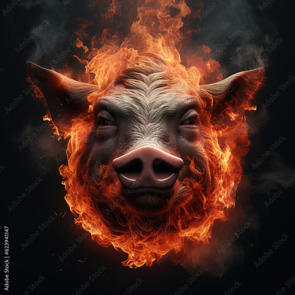 Image of angry pig face and flames on dark background. Farm animals ...
