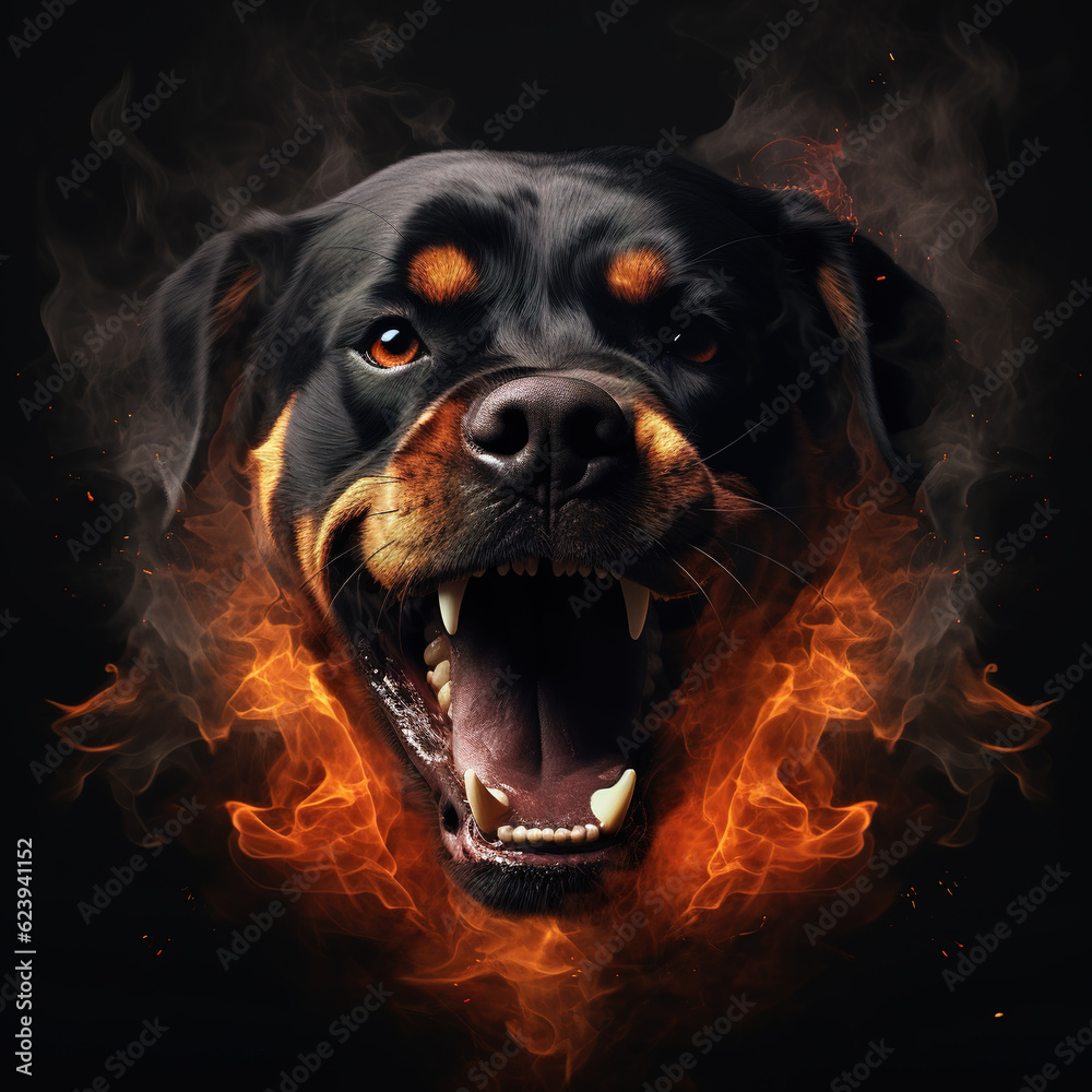Image of angry rottweiler dog face and flames on dark background. Pet ...