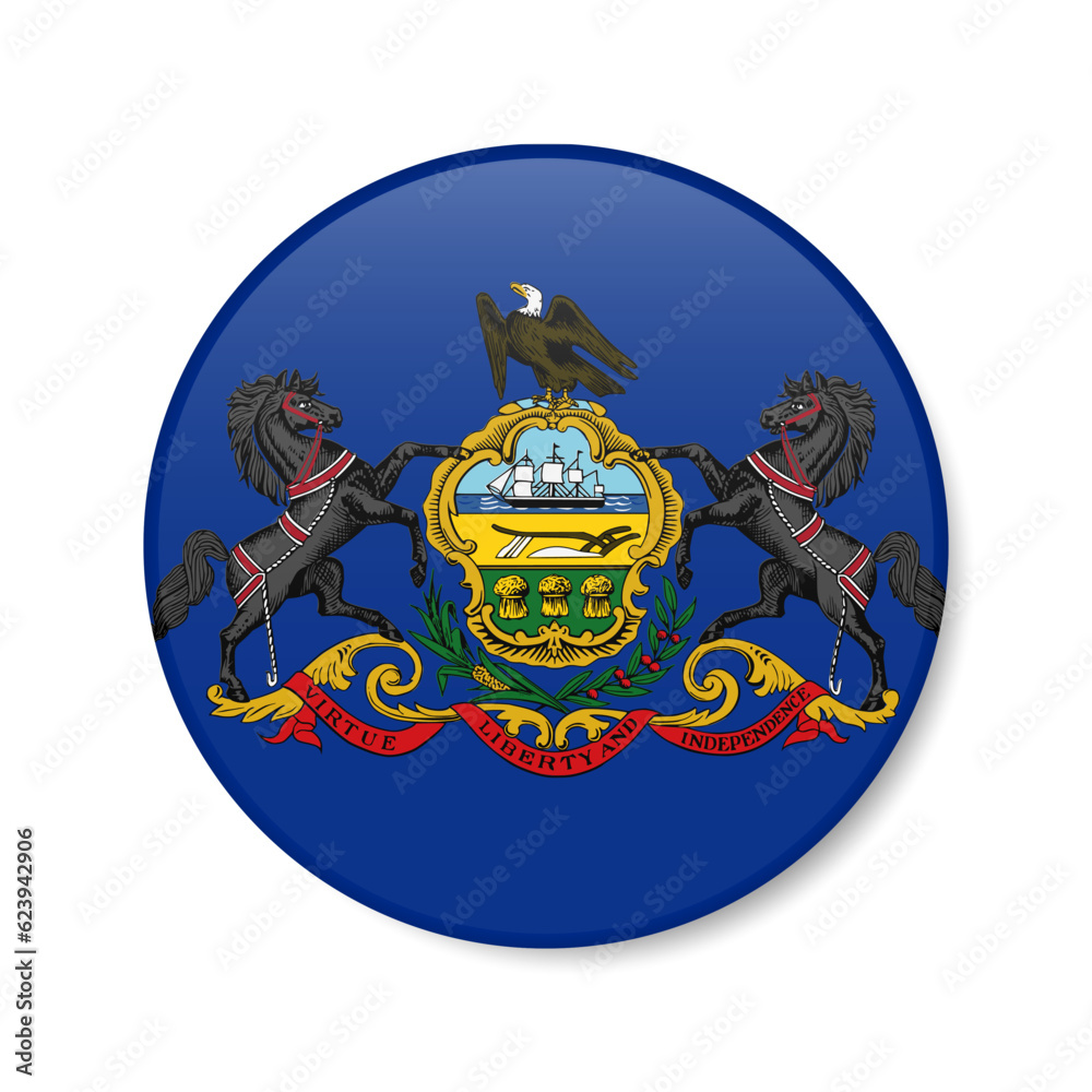 Pennsylvania flag circle button icon, US state round badge. 3D ...