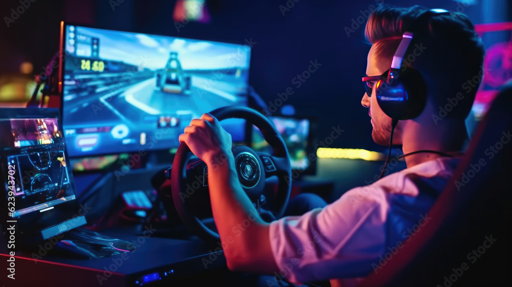A gamer with a headset playing car racing with a steering wheel ...