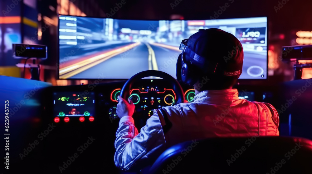 A gamer with a headset playing car racing with a steering wheel ...